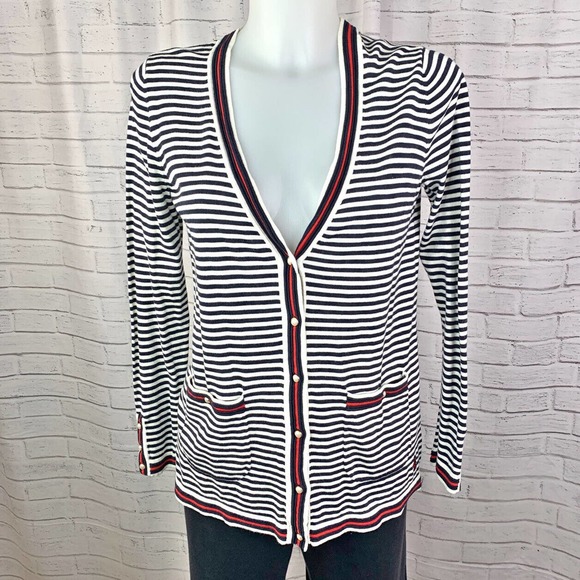 Talbots | Sweaters | Talbots Embroidered Navy White Striped Cardigan ...